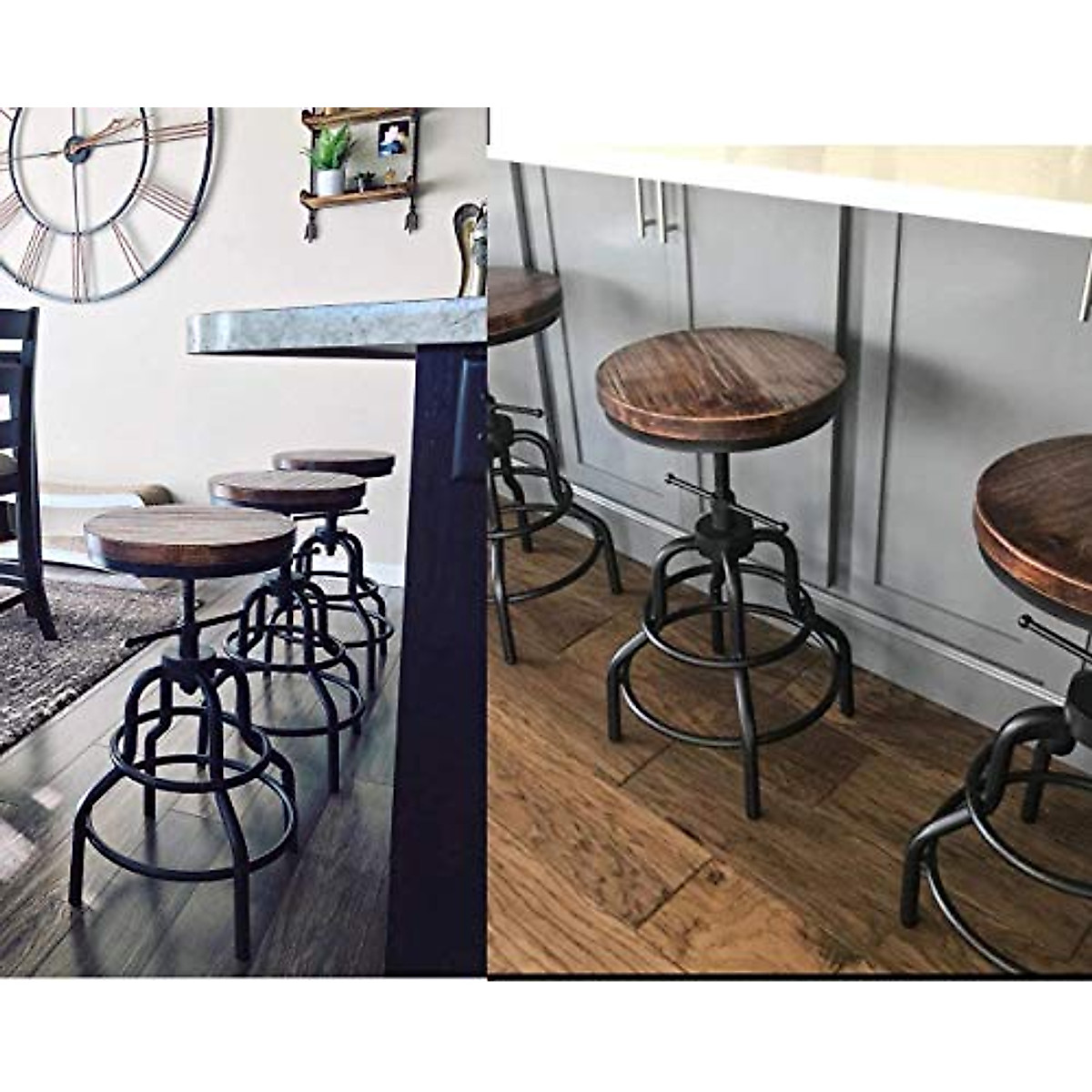 Diwhy Industrial Vintage Bar Stool,Kitchen Counter Height Adjustable Screw Stool ,Swivel Bar Stool,Metal Wood Stool,27 Inch,Fully Welded Set of 2 (Wooden Top)