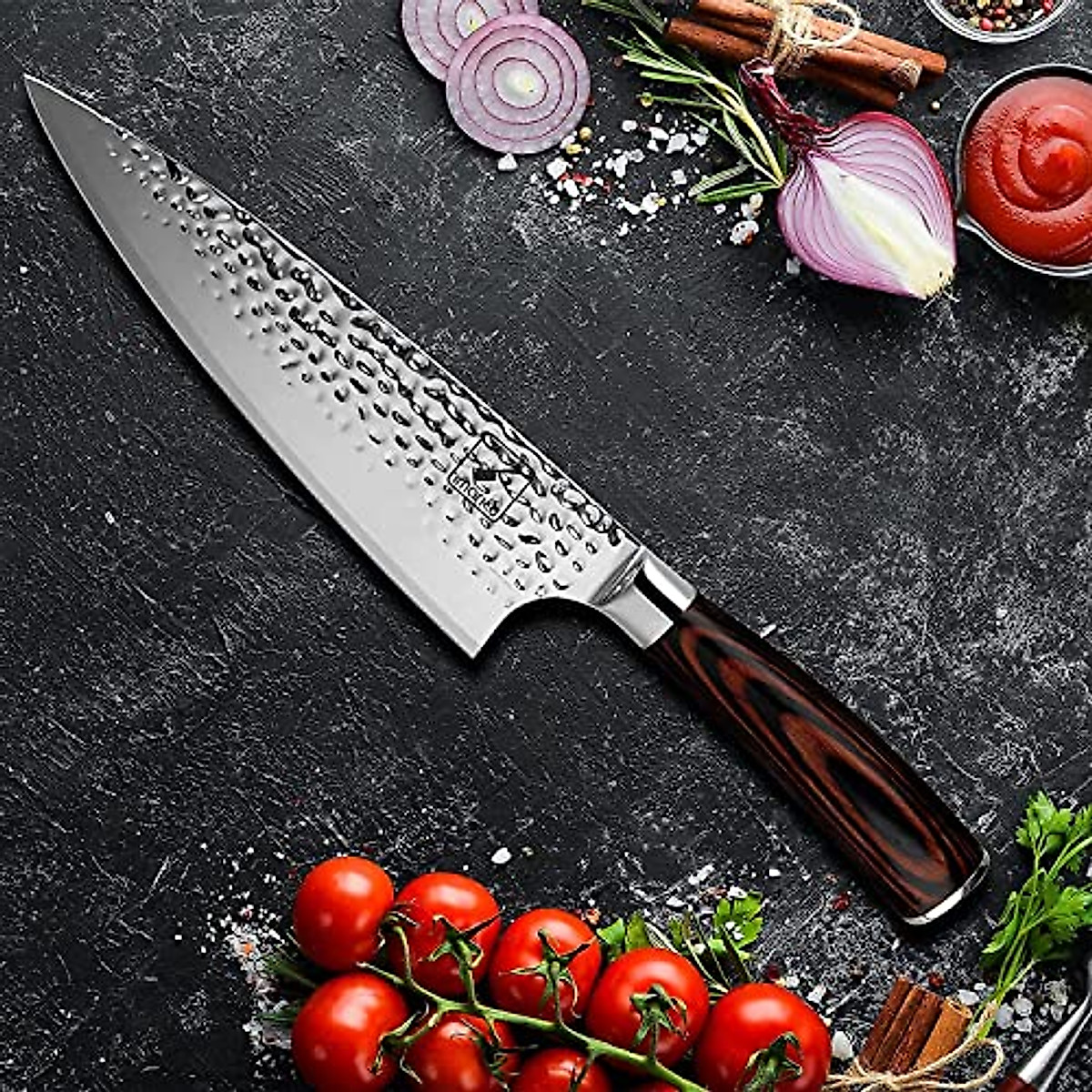 imarku Damascus Chef Knife, 8 inch Kitchen Knife Premium Sharp Cooking Knife HC German Stainless Steel Japanese Knife for Home Kitchen and Restaurant, Hand-Hammered, Ergonomic Handle, Gift Box