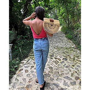 bagish Bamboo Bag Handmade, Semi Circle Boho Basket – Straw Clutch Purse Beach Tote for Women (WITH Insert Pouch) | valentines day gifts for her