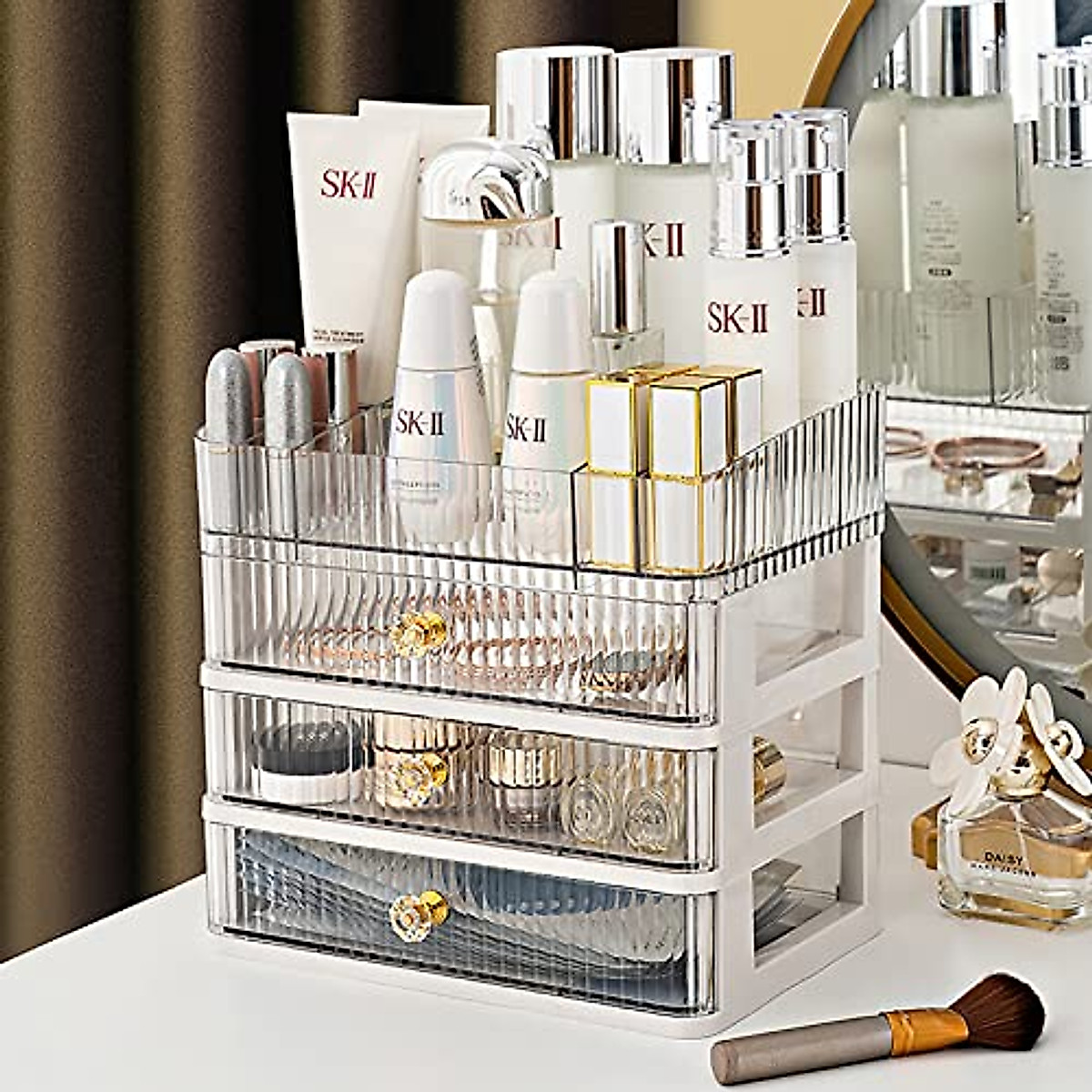 KchThass Acrylic Makeup Organizer with 3 Drawers,Cosmetic Display Cases for Vanity,Skincare Organizers Countertop,Desk Storage Holder for Perfume,Lotion,Lipstick,Brushe,Nail Polish(4-Layer,Clear)