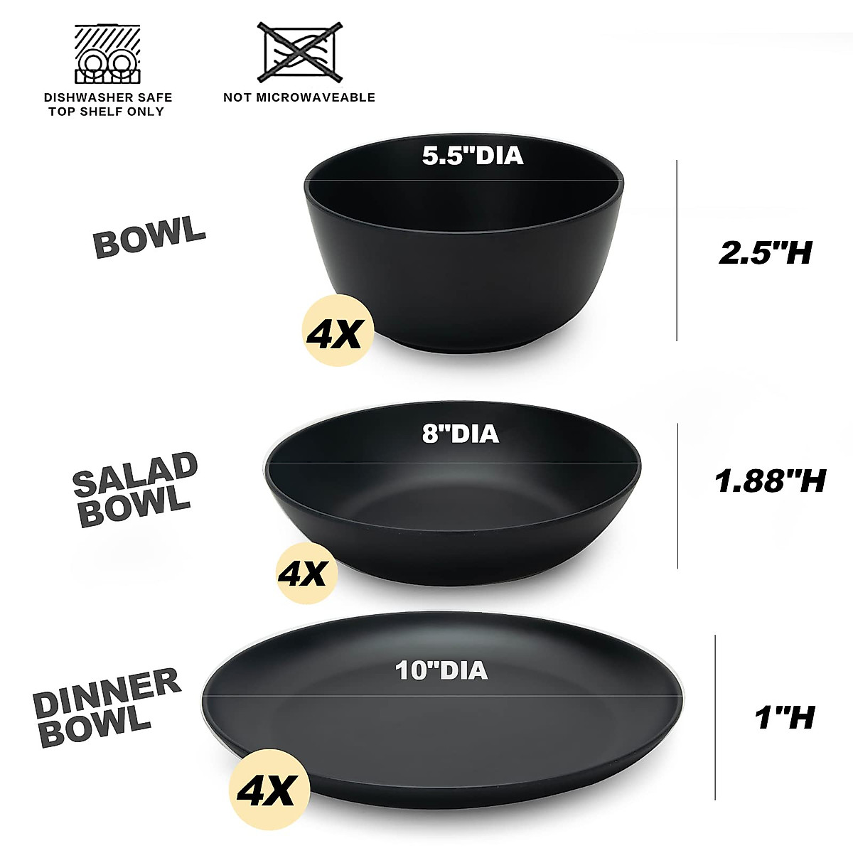 LEHAHA Bamboo Fiber Melamine Dinnerware Sets, Black Kitchen Plates and Bowls Sets, Unbreakable Dishes Set for 4, Eco-friendly Lightweight 12 Piece Dinnerware Sets for Parties & Camping