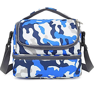FlowFly Kids Double Decker Cooler Insulated Lunch Bag Large Tote for Boys, Girls, Men, Women, With Adjustable Strap, Blue Camo