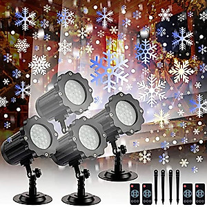 4 Pack Christmas Projector Light Outdoor Snowflake Projector Light LED Christmas Snow Projector Ip65 Waterproof Snowfall Spotlight Decorative with Remote Control Timer for Xmas Holiday Decor