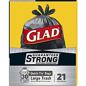 GLAD Strong Quick-Tie Large Trash Bags, 30 Gallon Bags for Large Kitchen Trash Can, 21 Count (Package May Vary)