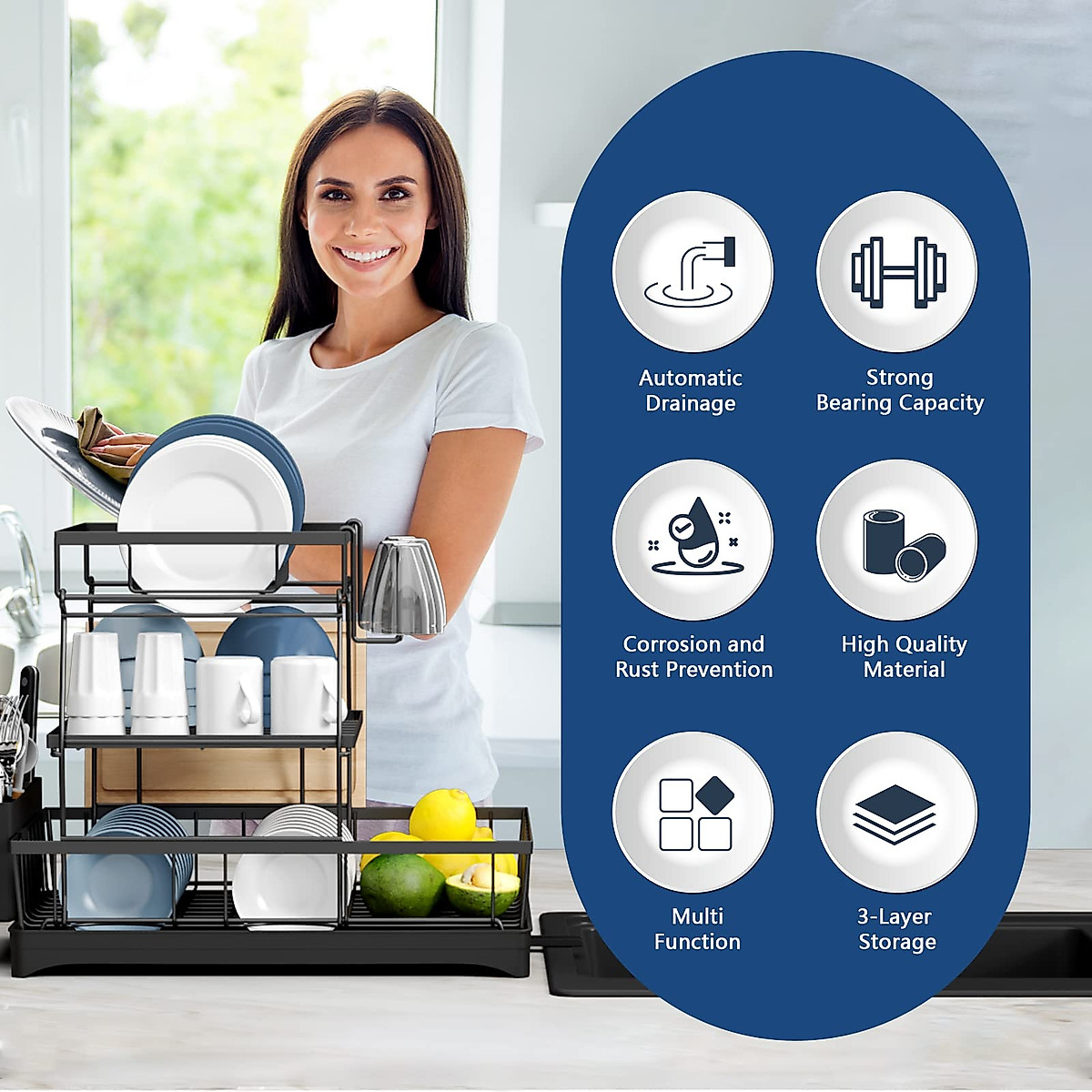 Dealight Kitchen Dish Drying Rack, 3-Tier Dish Rack and Drainboard Set with Spout, Dish Racks for Kitchen Counter, Dish Drainer with Utensils Holder and Cups Holder, Large Drying Rack Kitchen
