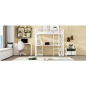 ALYSAHOME Twin Size Loft Bed with 4 Layers of Shelves and L-Shaped Desk, Stylish Metal Frame Bed with a Set of Sockets, USB Ports and and Wireless Charging, White