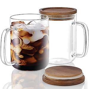 DRASTAR Glass Coffee Mugs, 20 oz Clear Coffee Cups with Acacia Wood Lid, Large Coffee Mug Set of 2, Tea Glass Cups with Handles, Glass Coffee Cups for Latte, Espresso, Tea