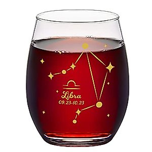 Futtumy Libra Stemless Wine Glass, Libra Zodiac Gift Constellation Gifts Horoscope Gift Astrology Sign Gift for Men Women Wife Girlfriend Friend BFF Family, Libra Birthday Wine Glass, 15Oz