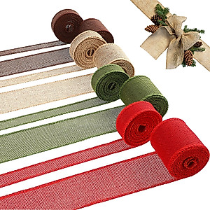 8 Rolls 44 Yards Christmas Wired Edge Ribbons Christmas Fabric Wired Ribbons Burlap Ribbon Rolls Natural Burlap Weave Ribbon in 4 Colors for Holiday Decoration Present (2 Inch, 1 Inch)