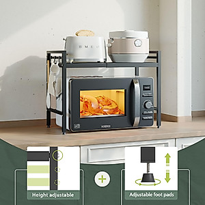 NETEL Expandable Microwave Stand,2 Tier Metal Kitchen Countertop Organizer Shelves with 8 Hooks,Bakers Rack,Microwave Shelf,Microwave Oven Rack,55lbs Weight Capacity