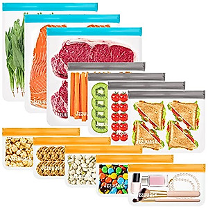 12 Pack Reusable Food Storage Bags (4 Reusable Sandwich Bags, 5 Reusable Snack Bags, 3 Reusable Gallon Bags) BPA Free Food Grade Leakproof Reusable Freezer Bags for for Lunch Sandwich Snack Meat Fruit