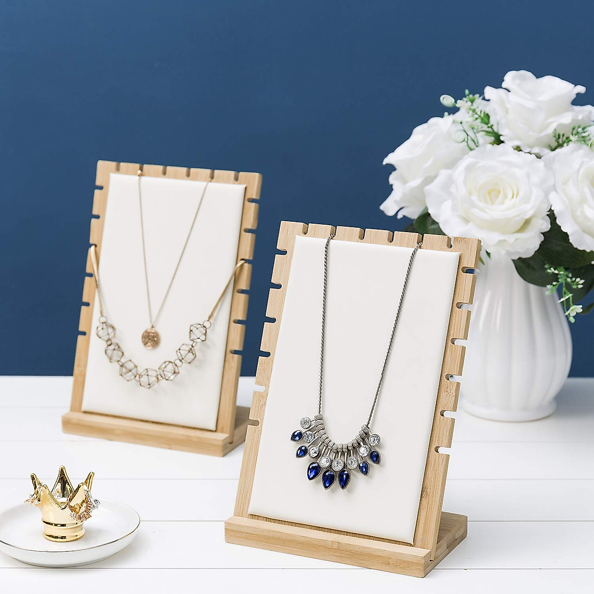 MyGift 2-Pack Bamboo Jewelry Display Stands with PU Panel & Multi-Rung Design – Detachable Bases, Non-Scratch Surface | Portable Necklace Holder for Home, Boutique, Countertop