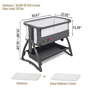 JOYMOR Bedside Sleeper Rocking Bassinet, Height Adjustable Breathable Net Bed Side Baby Cribs with Washable Mattress,Mosquito Net,Storage Basket for Infants, Gray