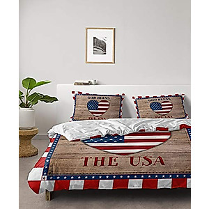 Chucoco Independence Day Twin Duvet Covers Set American Flag Love Wood Plank 4 Pcs Bedding Sets Brushed Microfiber Quilt Covers Lightweight Cozy Flat Sheet with 2 Pillowcases Red White Plaid