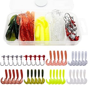 FANGBLUE 40PCS 1/8oz Jig Head Hook 2inch Curved Tail Soft Lures Artificial Silicone Bait Worm Soft Fishing Lure Tackle Kit for Bass Trout Fishing (40pcs Curved Tail Soft Lure)
