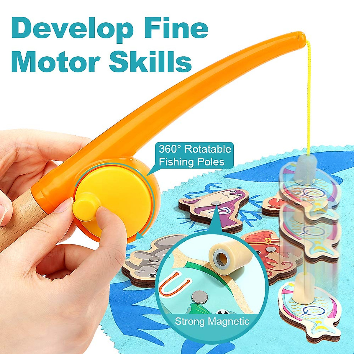 TOP BRIGHT Montessori Toddler Fishing Game - Kids Wooden Magnetic Fishing Toys Gifts for 3 Years Old Girls Boys, Fine Motor Skills for Toddler