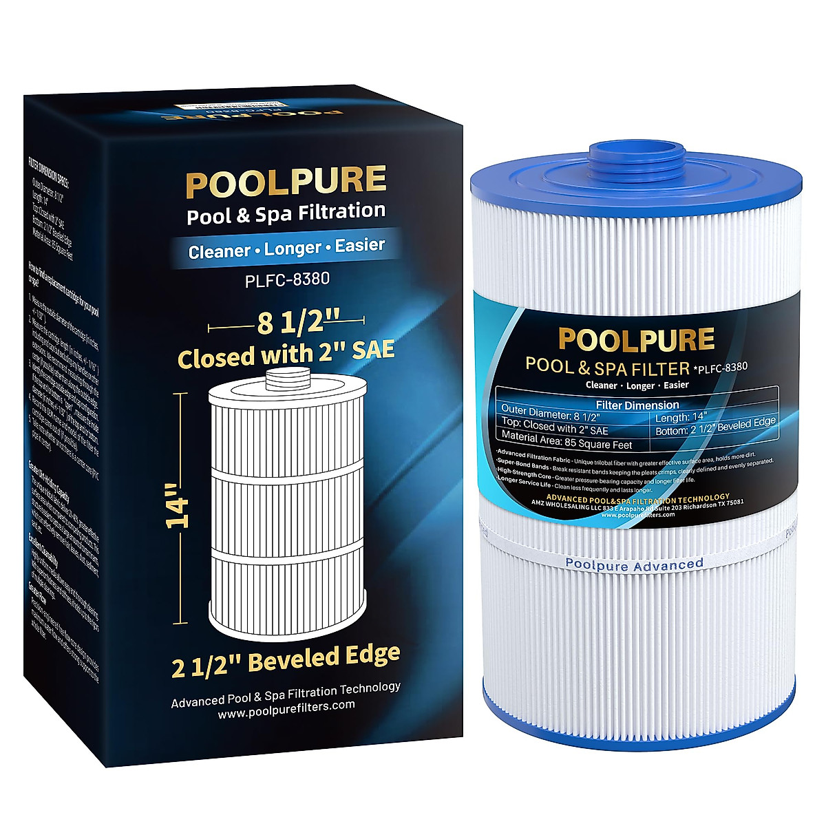 POOLPURE Replacement Filter for Sundance 6540-501, PSD85-2002, Unicel C-8380, Filbur FC-2810, Excel Filters XLS-840, Aladdin 18007, Baleen AK-70031, Magnum SU80, 85 sq.ft Filter Cartridge, Length: 14"