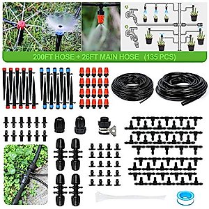 MIXC 226FT Greenhouse Micro Drip Irrigation Kit Automatic Irrigation System Patio Misting Plant Watering System with 1/4 inch 1/2 inch Blank Distribution Tubing Hose Adjustable Nozzle Emitters Sprinkler Barbed Fittings