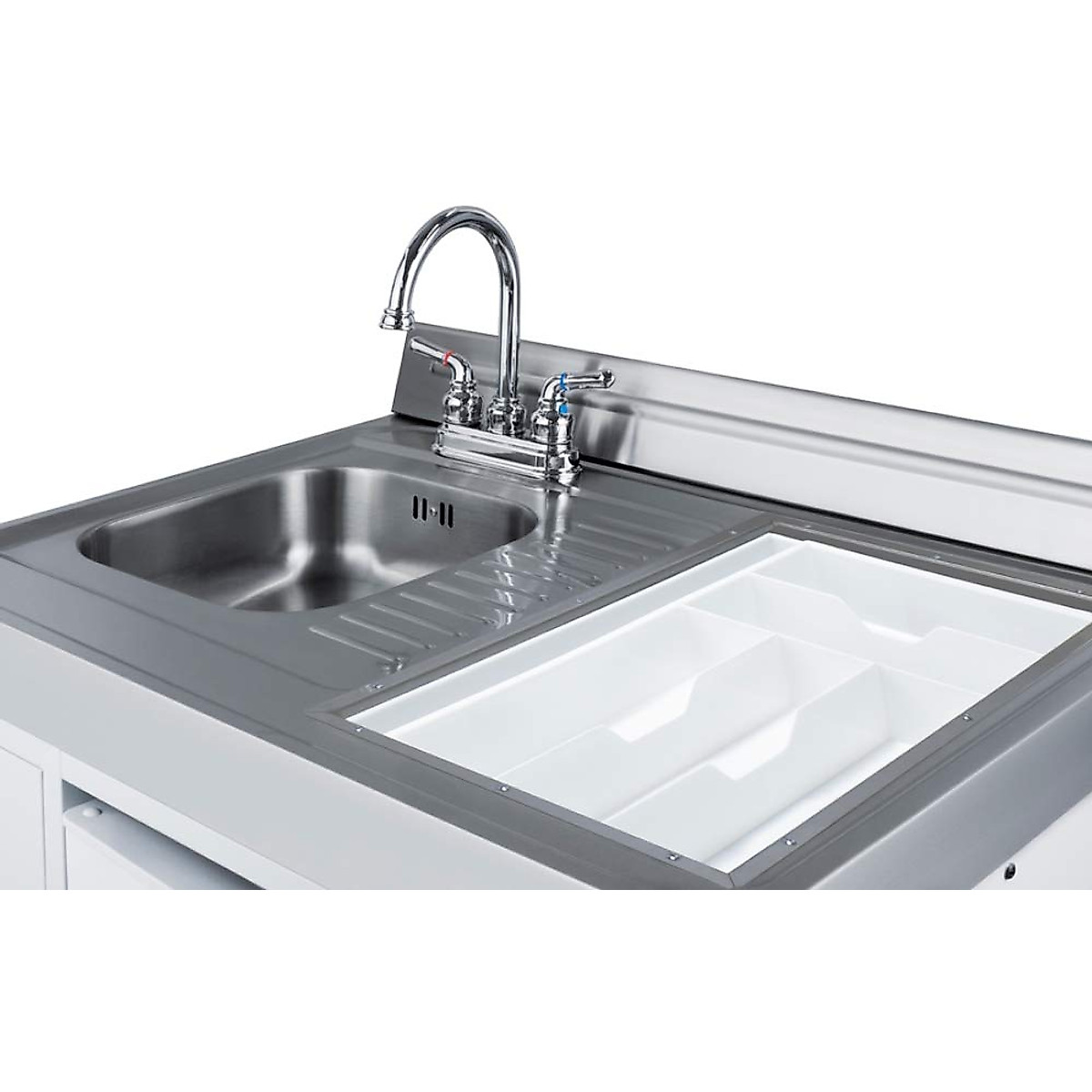 Summit Appliance ACK54COILW 54" Wide All-in-One Kitchenette with 220V 4-Element Electric Coil Range, Refrigerator-Freezer, Sink, Cutting Board and Cutlery Storage, and a Storage Cabinet