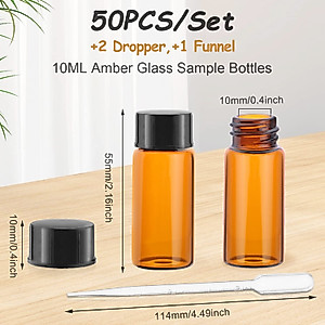 50 Pack,10ml (0.3 oz) Amber Glass Essential Oil Bottle with Screw Caps,Empty Refillable Travel Glass Liquid Sample Vial Labs Preservation Storage Vials Test Container-FREE Funnel&Dropper
