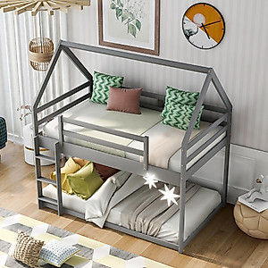 LostCat Bunk Bed Twin Over Twin, Wood Twin Size House Floor Bunk Beds w/Safety Guardrail & Ladder, Space Saving Design, No Box Spring Needed, Gray
