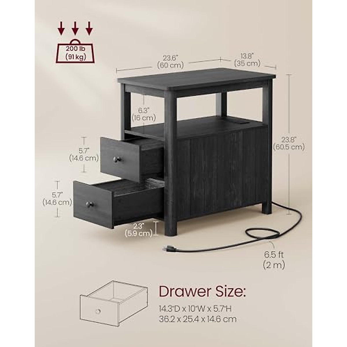 VASAGLE Side Table with Charging Station, Narrow Nightstand with 2 Drawers, Living Room End Table with Storage, for Small Spaces, Coastal Style, Charcoal Gray ULET322B22