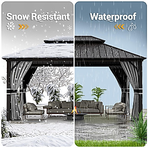 UDPATIO 12' x 16' Hardtop Gazebo, Galvanized Steel Double Roof Permanent Aluminum Gazebo, Outdoor Metal Pergolas with Mosquito Netting and Curtains for Garden, Parties, Patio, Deck, Lawns, Grey