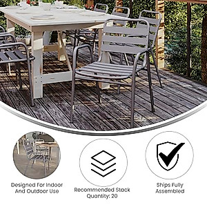 Flash Furniture Lila Commercial Restaurant Stack Chair with Triple Slat Back and Arms, Indoor-Outdoor Dining Chair, Silver