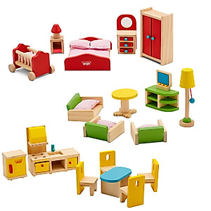Wooden Dollhouse Furniture Set - 27 Piece Kit - Living Room, Bedroom and Kitchen Accessories, 100% Natural Wood, Nontoxic Paint, Smooth Edges