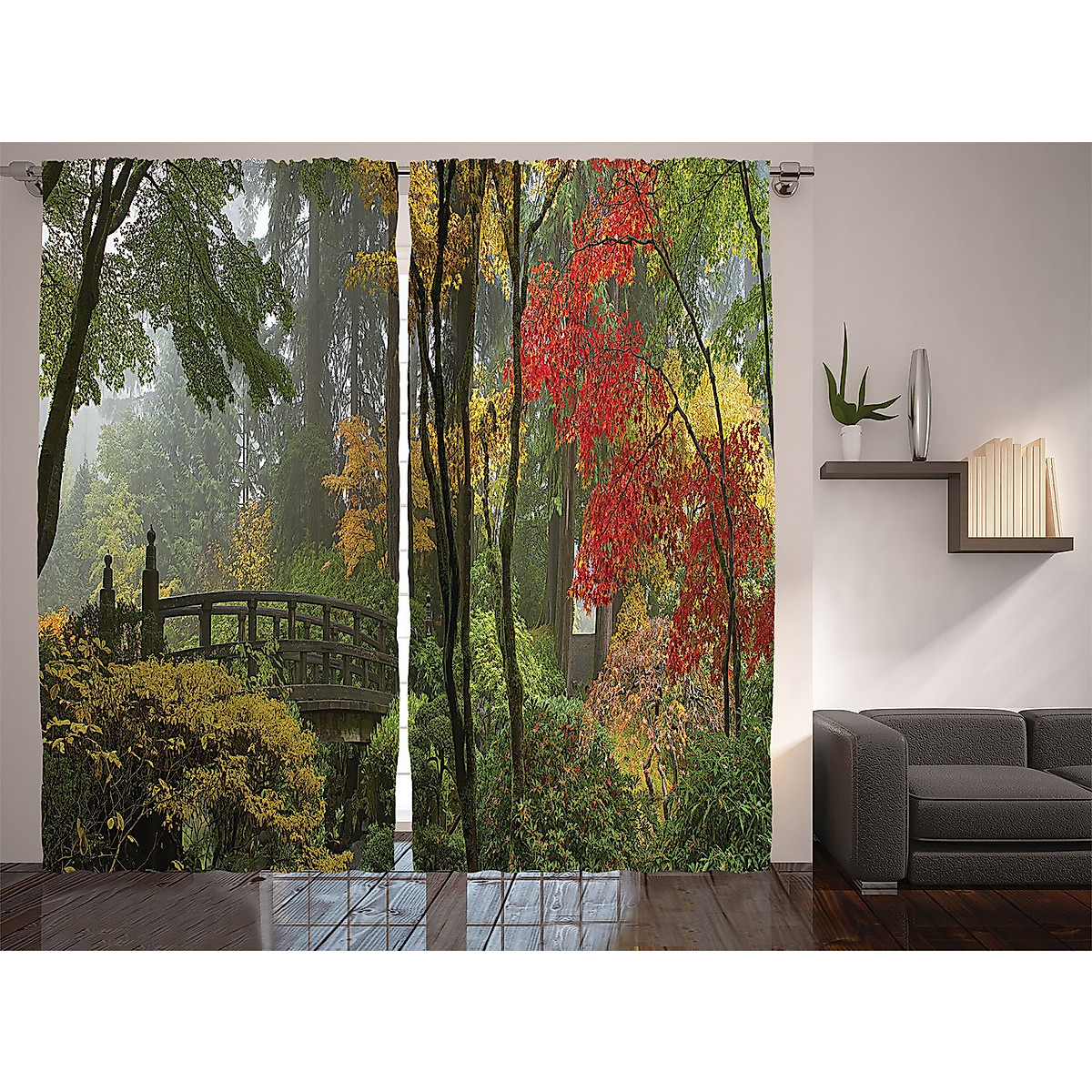 Ambesonne Landscape Curtains, Wet Wooden Bridge at Portland Japanese Garden Oregon in Autumn Season, Living Room Bedroom Window Drapes 2 Panel Set, 108" X 84", Green Orange