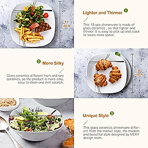 Square Dinnerware Set, MEKY Glassware 18-Piece Service for 6 Plates and Bowls Set, Easy to Clean, Dinner Plates, Dishes, Bowls Set, Modern Line