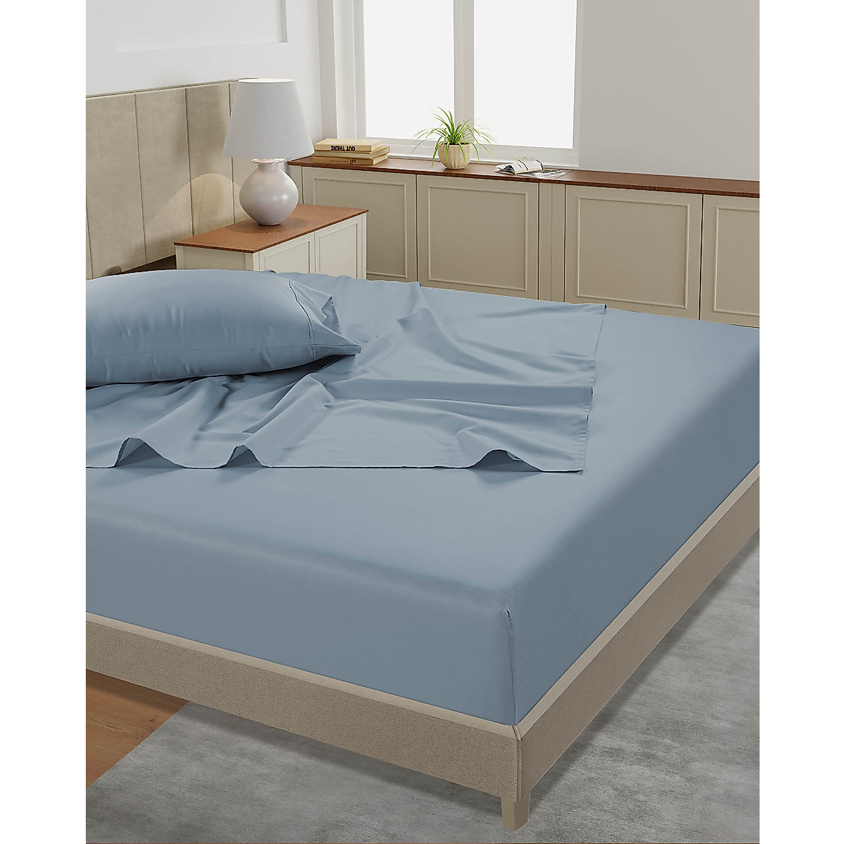 LANE LINEN 450TC 100% Cotton Sheets Twin Size, Mercerized Cotton Fully Elasticized Sateen Weave Twin Sheet Set, Soft and Comfy Hotel Like Thick Sheet, Natural Cooling Bed Sheet - French Blue