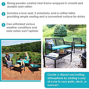 Sunnydaze Coachford 4-Piece Patio Conversation Furniture Set - 1 Loveseat, 2 Chairs and 1 Coffee Table - Thick Blue Cushions