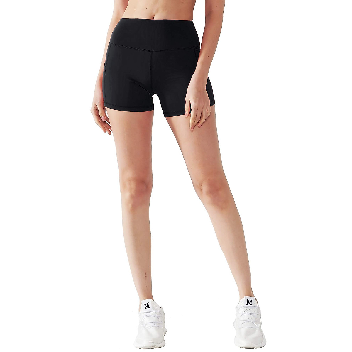 CADMUS Women's High Waist Yoga Shorts Spandex Running Side Pockets, 16#, Black & Black & Black,Medium