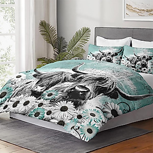 WeCozy Comforter Set Queen Size with 2 Pillowcases, Highland Cow Animal 3 Pcs Bedding Set for Kids and Adults, Buffalo Bull Farm Daisy Soft Comforter Set for Bedroom Bed Decor