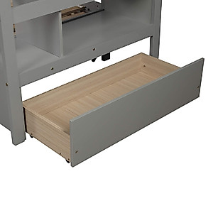 Polibi Stairway Twin Over Twin/King Bunk Bed with Size Trundle, Drawers and Guardrail, 3-in-1 Wood Trundle for Boys Girls, Grey