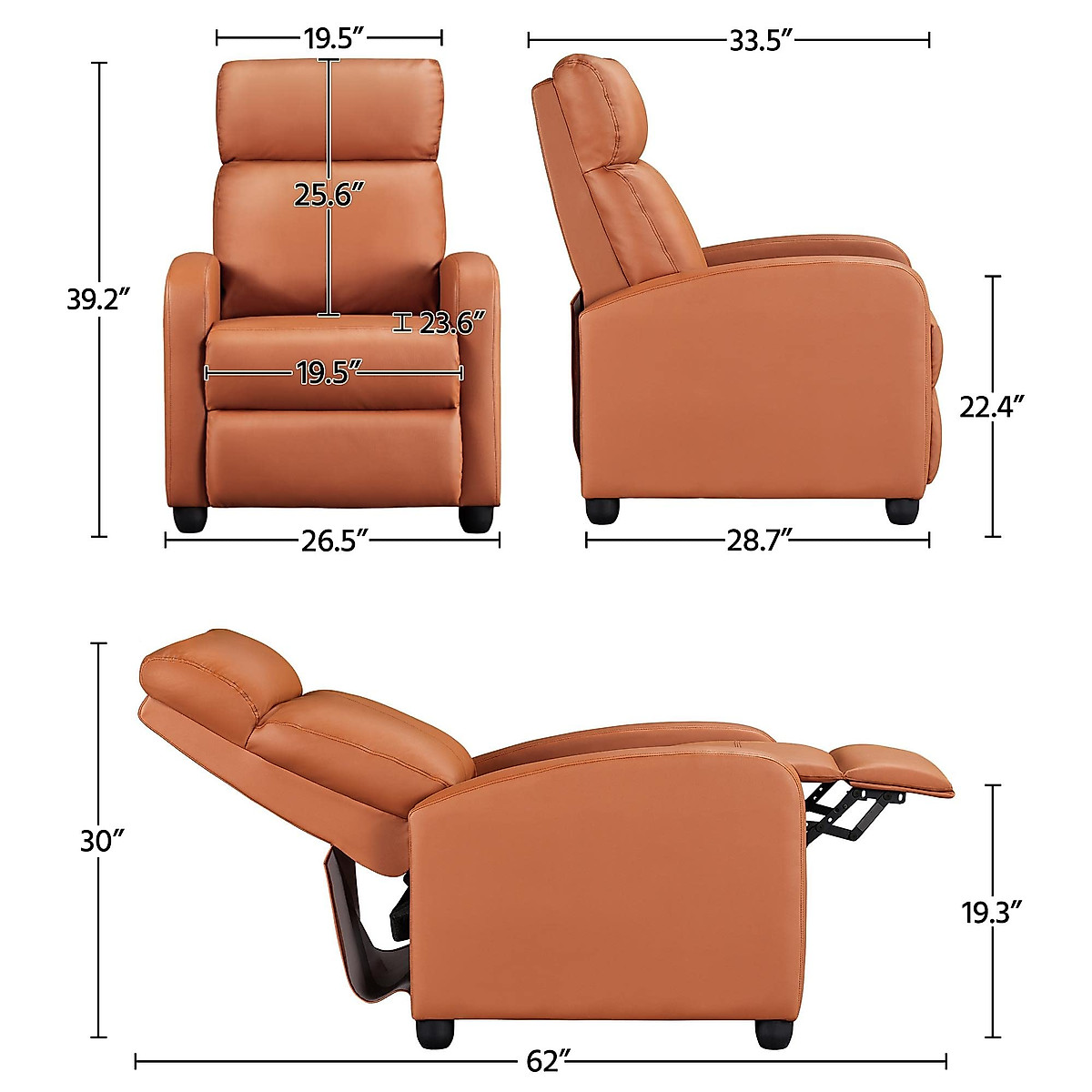 Yaheetech Recliner Chair PU Leather Recliner Sofa Home Theater Seating with Lumbar Support Overstuffed High-Density Sponge Push Tan Recliners