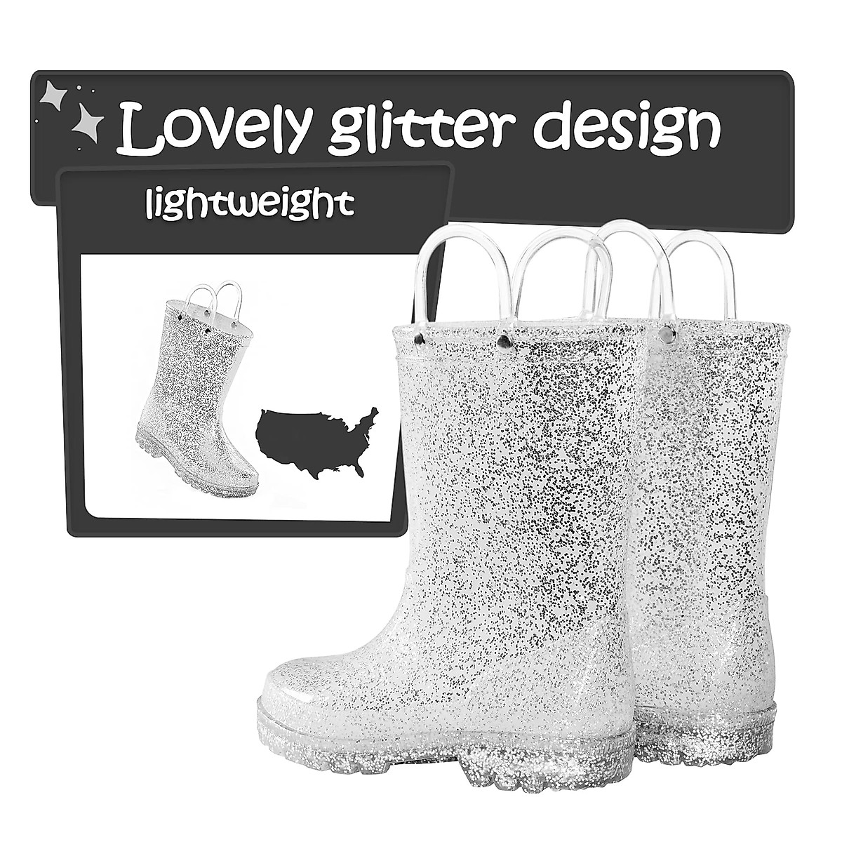 K KomForme Girls Rain Boots,Kids Glitter Waterproof Boots with Easy-on Handles Silver
