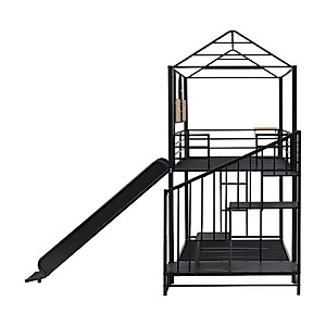 Bellemave House Bunk Bed with Slide and Stairs Twin Over Twin Floor Bunk Bed Frame Metal Playhouse Bunked with Storage Shelves for Kids Boys Girls Teens, Black with MDF