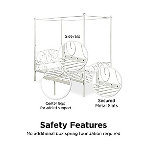 DHP Metal Canopy Kids Platform Bed with Four Poster Design, Scrollwork Headboard and Footboard, Underbed Storage Space, No Box Sring Needed, Twin, White