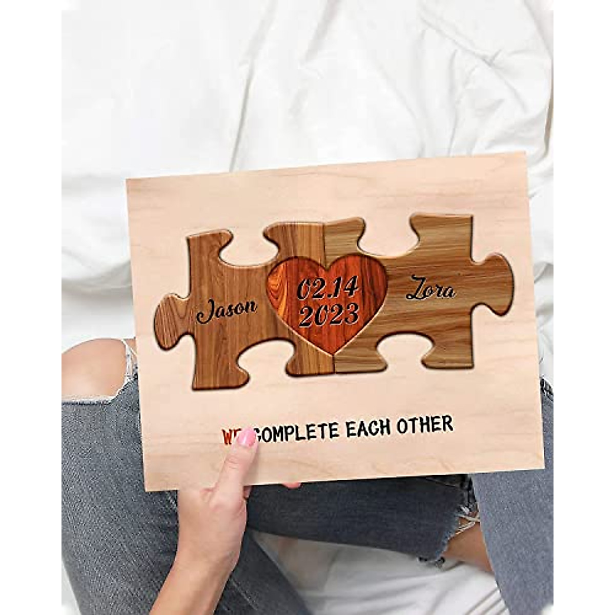 Bohva Personalized Couple Names Sign, Valentines Day Anniversary Wedding Gifts Idea for Him Her, Birthday Gift for Husband Wife Boyfriend Girlfriend, Custom Heart Puzzle Pieces Print On Wood