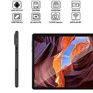 10.1 Inch Tablet, Android 12 Tablets 3GB RAM 64GB ROM 512GB Expand, 1280x800 IPS HD Touchscreen with GPS, 6000mAh Battery, Bluetooth, Dual Camera, GMS, WiFi(Black)