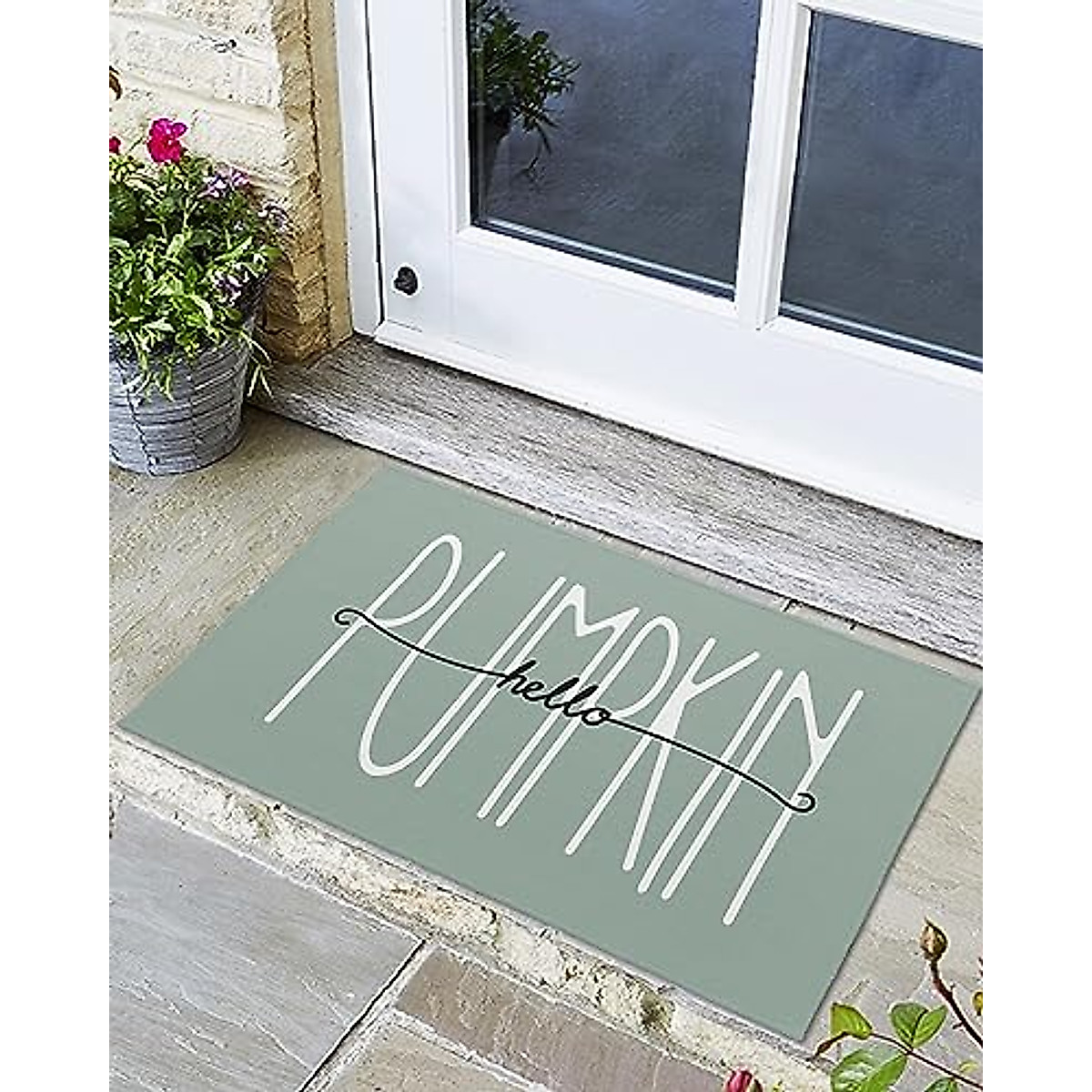 Hello Pumpkin Door Mat 24x36inch, Non-Slip Absorbent Non Skid Entrance Mat, Washable Low-Profile Inside Outside Floor Mat Doormats for Entryway Patio, Fall Thanksgiving Green Background