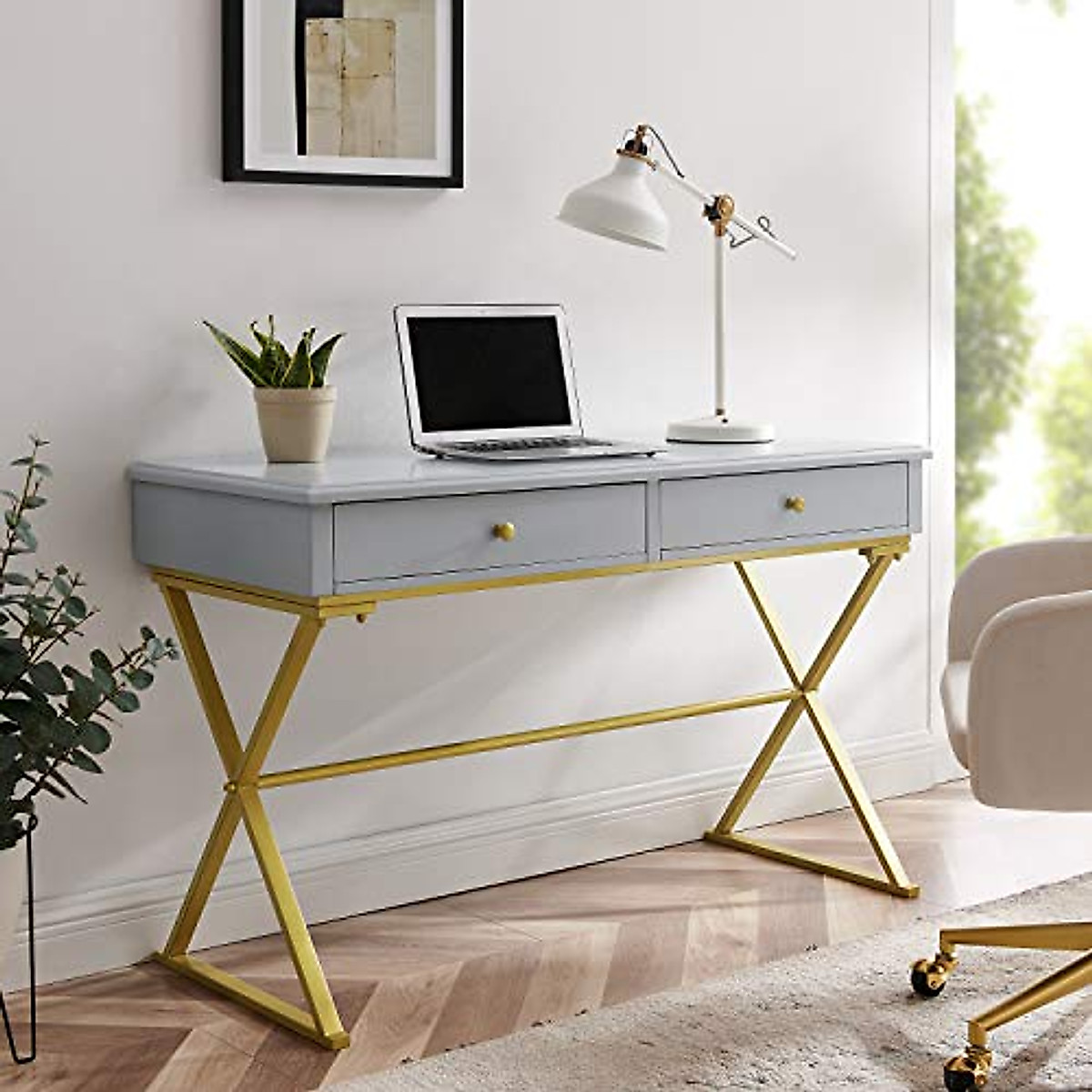 Linon Two-Drawer Grey and Gold Campaign Harli Desk