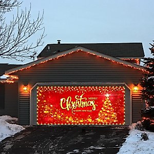 Trgowaul Christmas Garage Door Cover Banner Decoration with Light Large Red Xmas Garage Door Mural Christmas Tree Photography Background Party Supply Happy New Year Garage Door Christmas Decor7x16ft