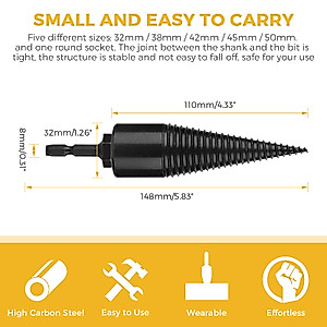 IUIBMI Wood Splitting Drill Bit Duty Removable Firewood Log Splitter Drill Bit, Black Steel Hex Shank Screw Cone Driver for Farm Hand Drill Stick 32/38/42/45/50mm(32mm)