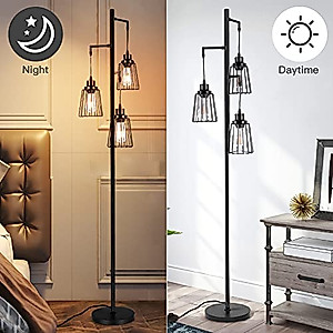 Dimmable Floor Lamp, 3 Edison Bulbs Included, 3-Light Farmhouse Industrial Standing Tree Lamp Industrial Floor Lamp with Elegant Teardrop Cage Heads Tall Lamps for Bedroom Office Dining Room