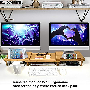 Pezin & Hulin Bamboo Dual Monitor Stand Riser for Desk Organizer, Adjustable Length and Angle Multi(1/2/3) Screen Stand, Office Wood Desktop Stand Storage for Computer, Laptop, PC, Printer, Notebook