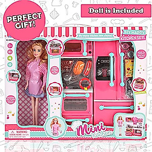 Doll Size Pink Gourmet Kitchen Cooking Toy Play Set | Play House & Accessories with Doll | Girls Pretend Play Furniture Appliances with Lights & Sound