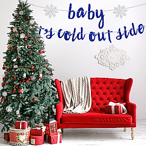 Blue Glitter Baby It's Cold Outside Banner - Snowflake Sign for Winter Wonderland Birthday / Baby Shower / Christmas Party Decorations Supplies